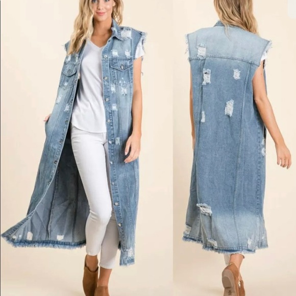 Veveret | Jackets & Coats | Long Distressed Denim Jacket Vest | Poshmark
